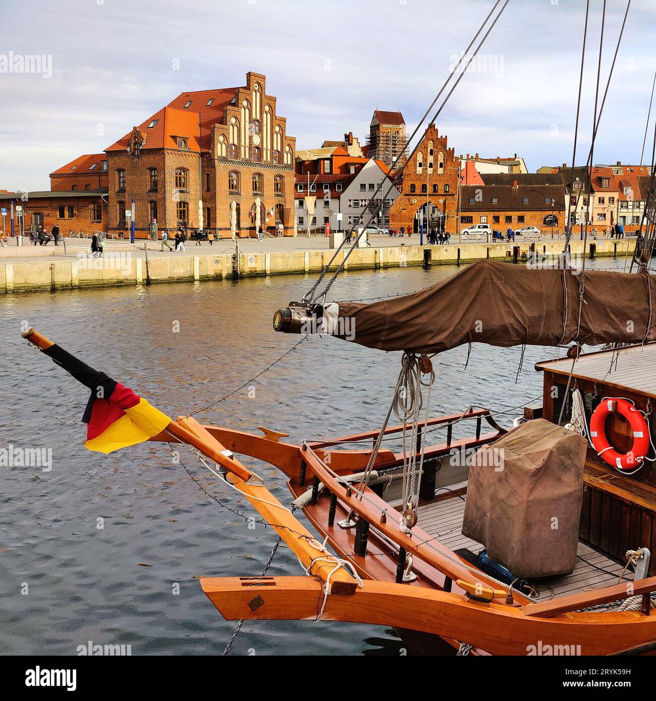 Old port with the two-masted wooden sailing ship La Paloma, Hanseatic ...