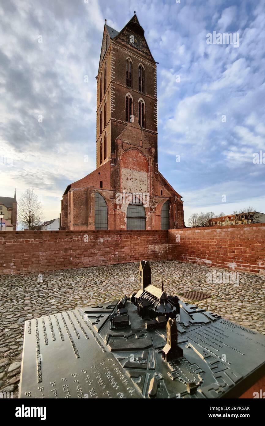 Historical model and tower of the Marienkirche, Hanseatic city Wismar ...