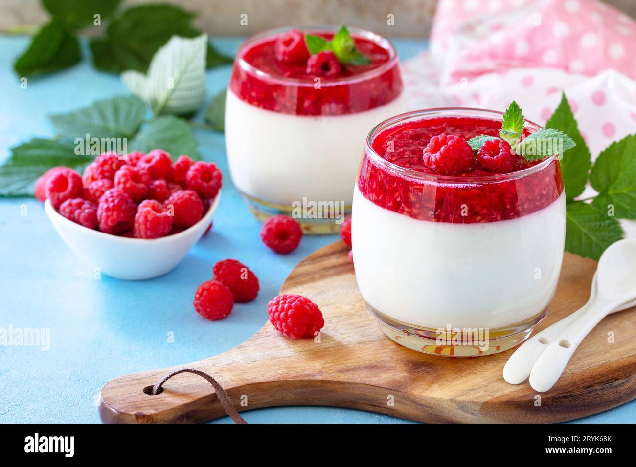Italian dessert. Raspberry Panna cotta with raspberry jelly on a stone ...