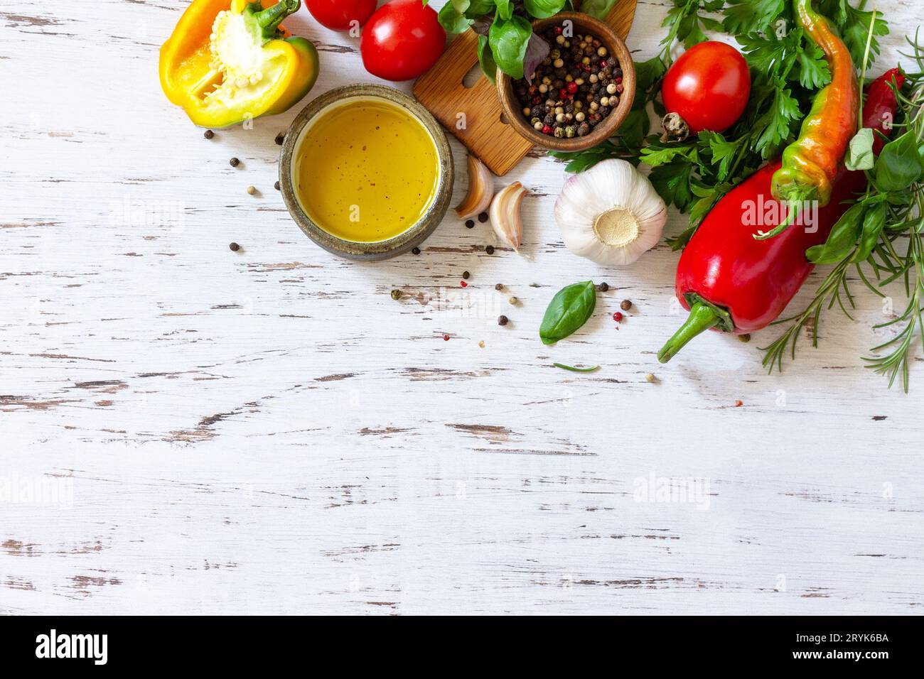 Seasoning background. Fresh and dry herbs, spices, olive oil and ...