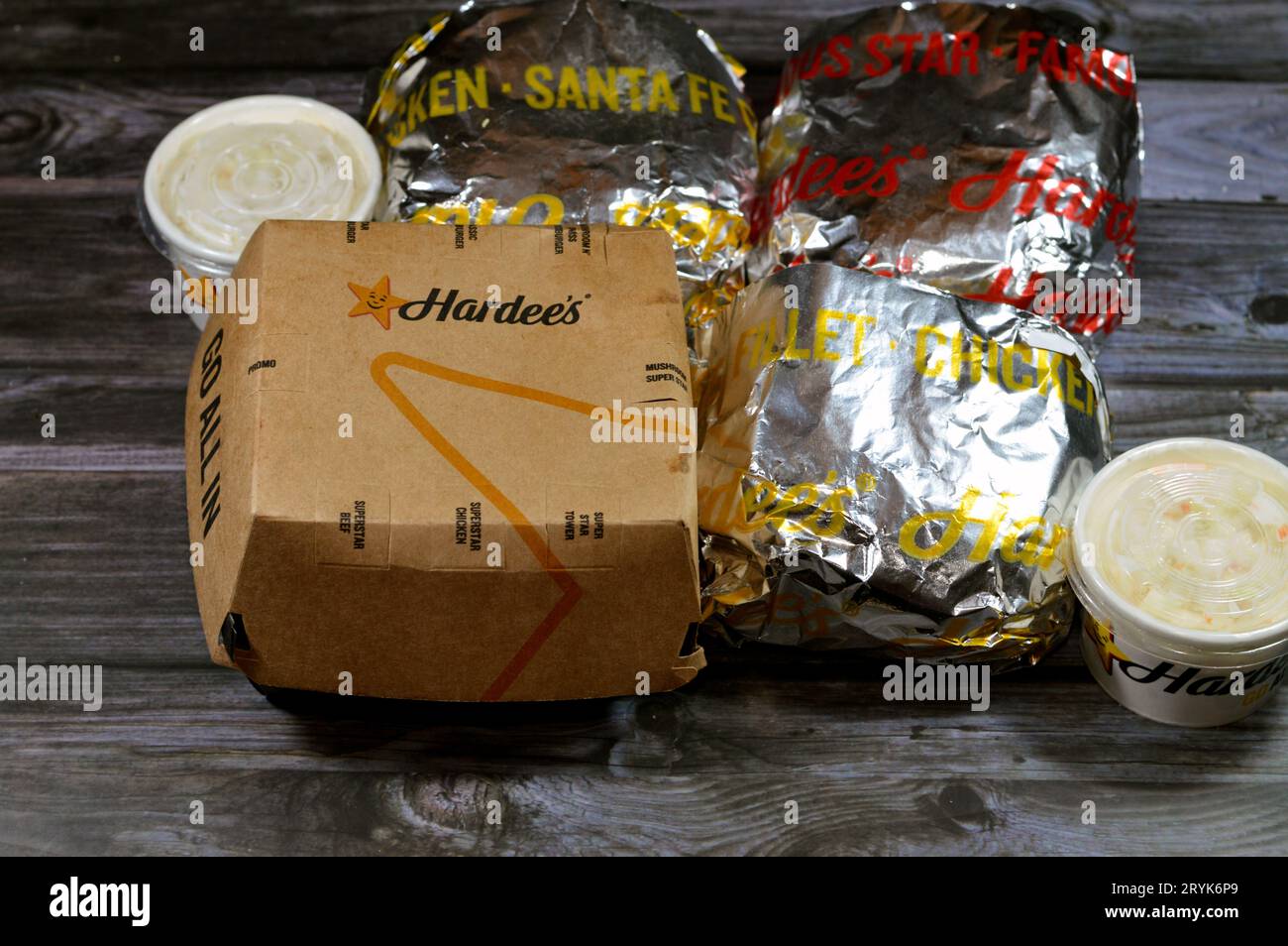 Cairo, Egypt, September 11 2023: Food delivery package of fast junk ...