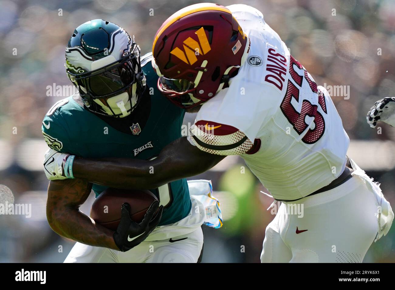Philadelphia Eagles running back D'Andre Swift (0) is stopped by ...