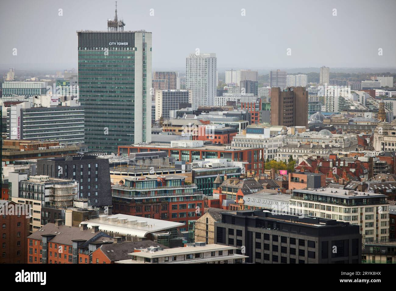 Rooftop view, looking down on Manchester City Tower and the city centre ...