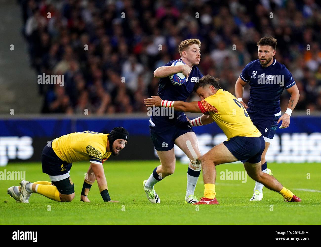 Scotland's Ben Healy is tackled during the Rugby World Cup 2023, Pool A ...