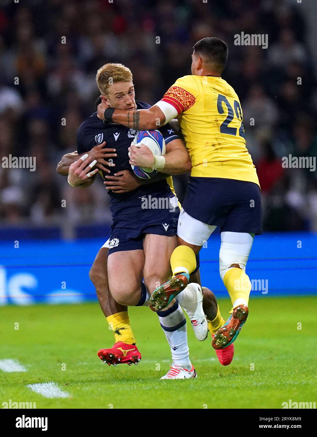 Scotland's Kyle Steyn is tackled by Romania's Tudor Boldor during the ...
