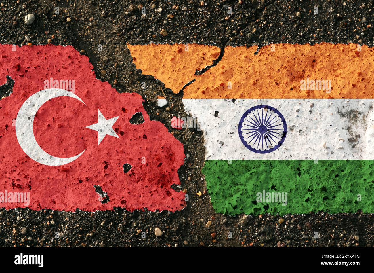 On the pavement are images of the flags of Turkey and India, as a ...
