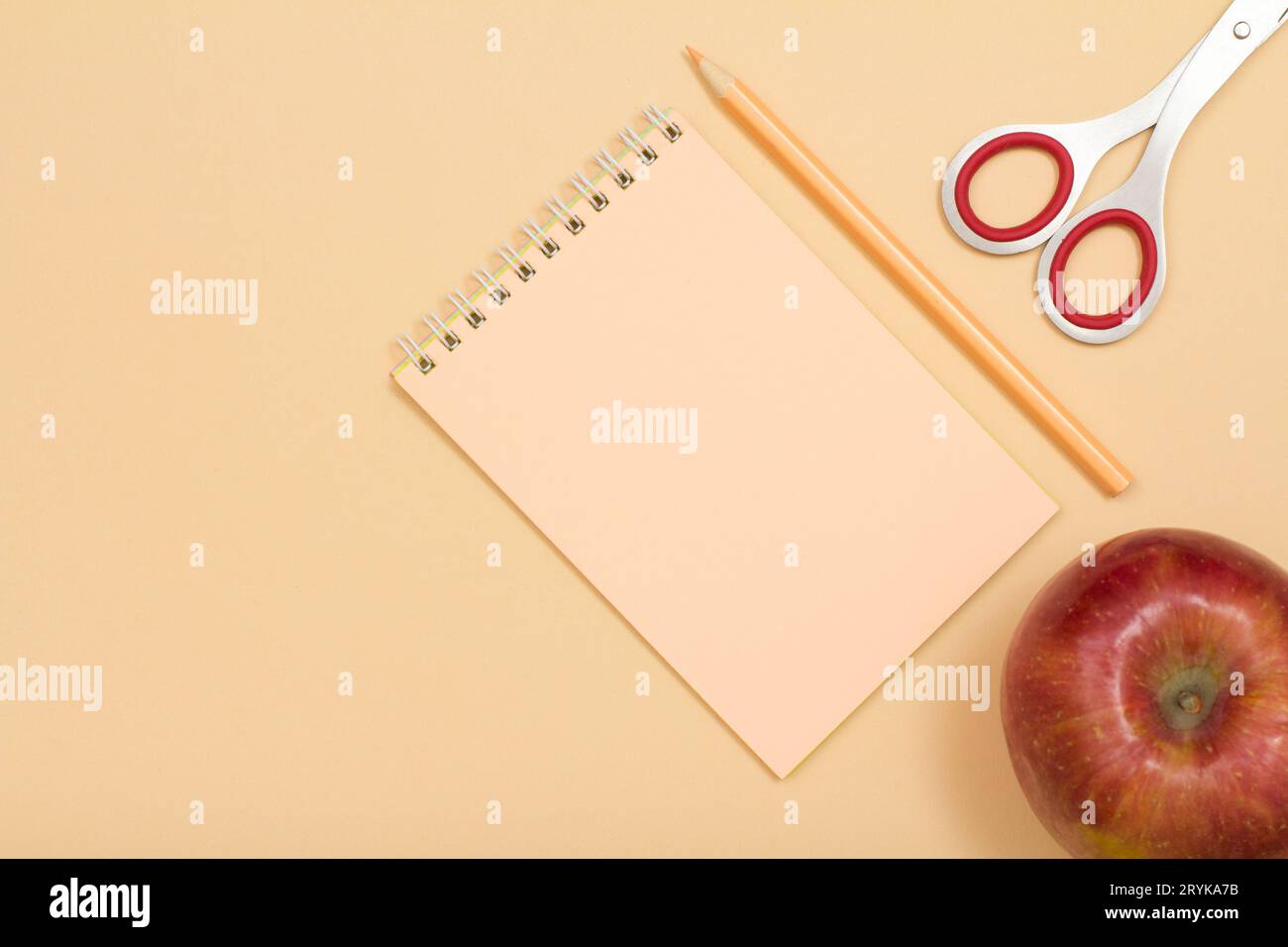 School supplies. An apple, a notebook, a color pencil and scissors ...