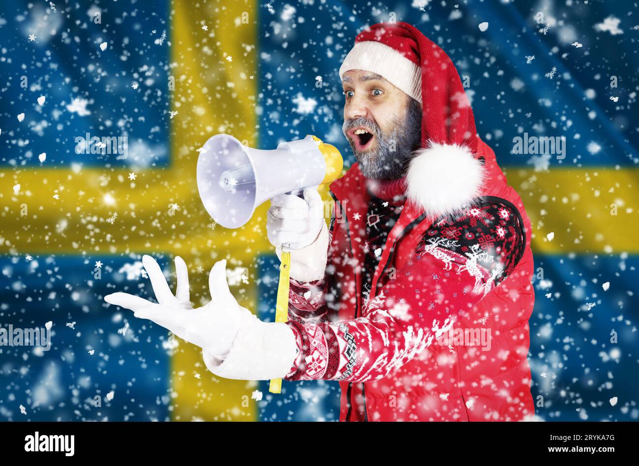 Santa Claus shouts into a bullhorn and shows an aggressive gesture with ...