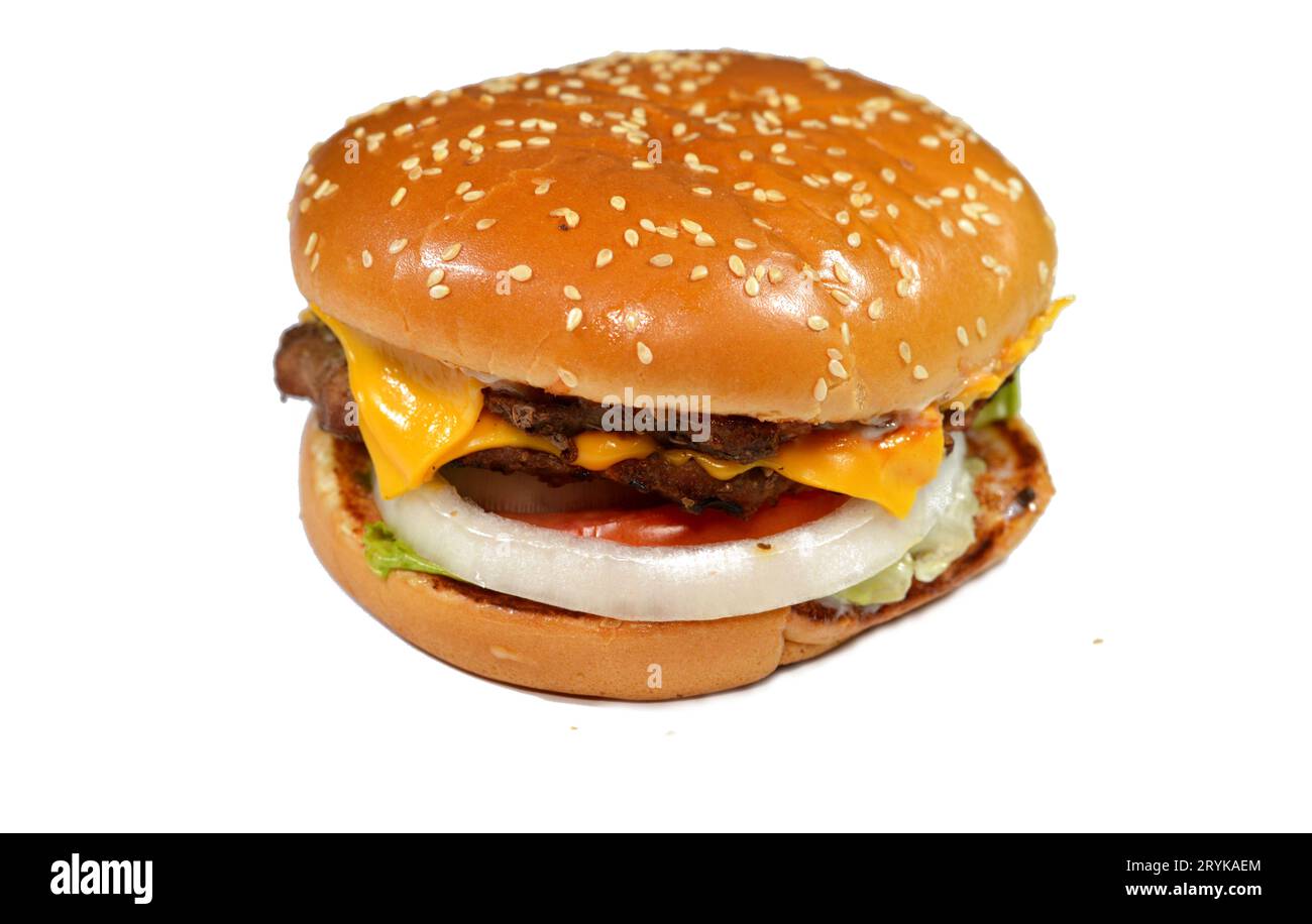 A juicy thick double beef patty with cheese covered with sauce, crispy ...