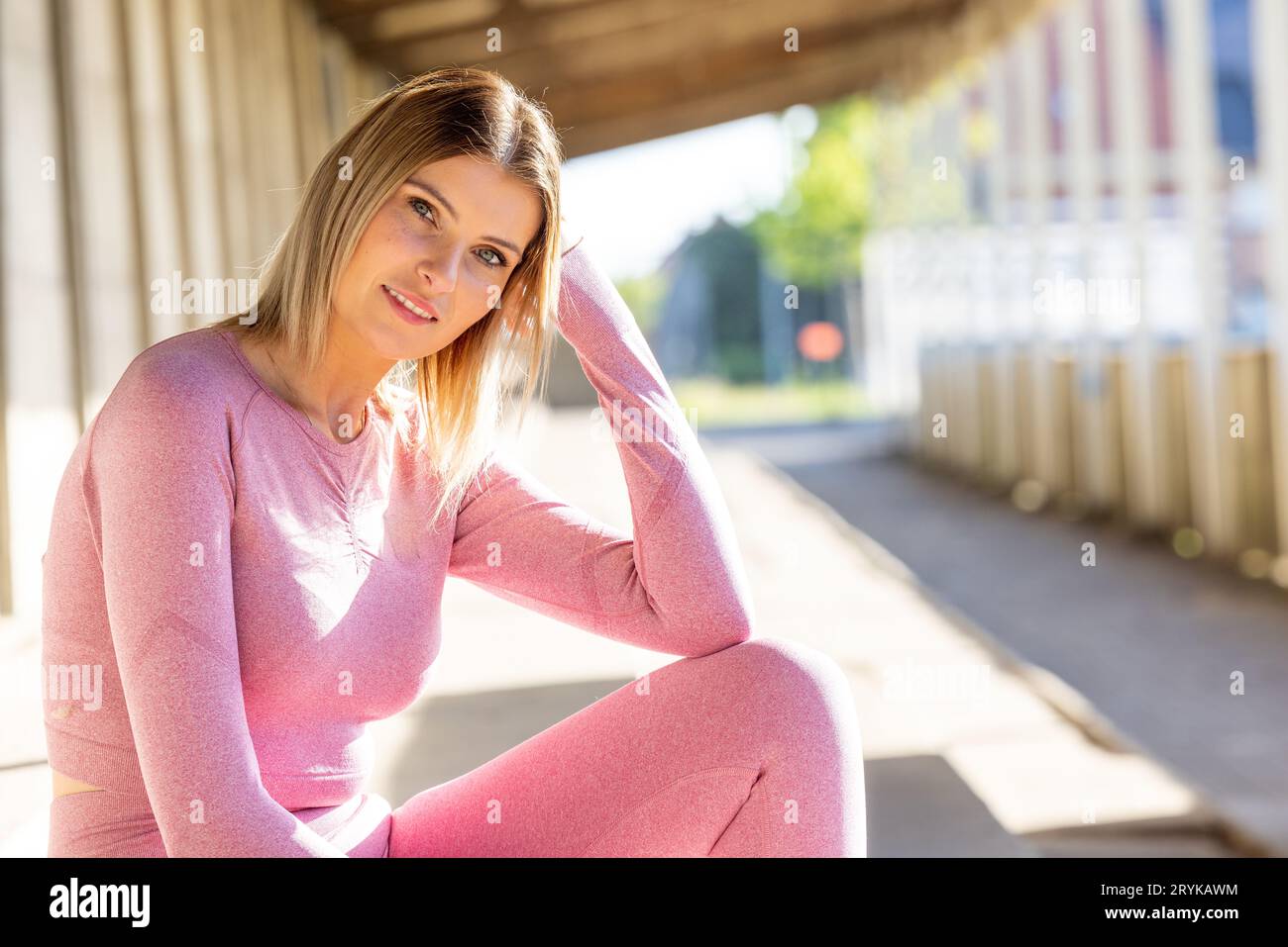 Sweaty fitness girl taking breath on morning jogging. Female athlete ...