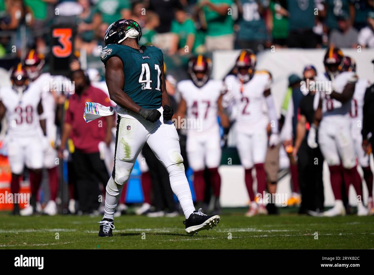 Philadelphia Eagles linebacker Nicholas Morrow (41) reacts after sacking Washington Commanders ...