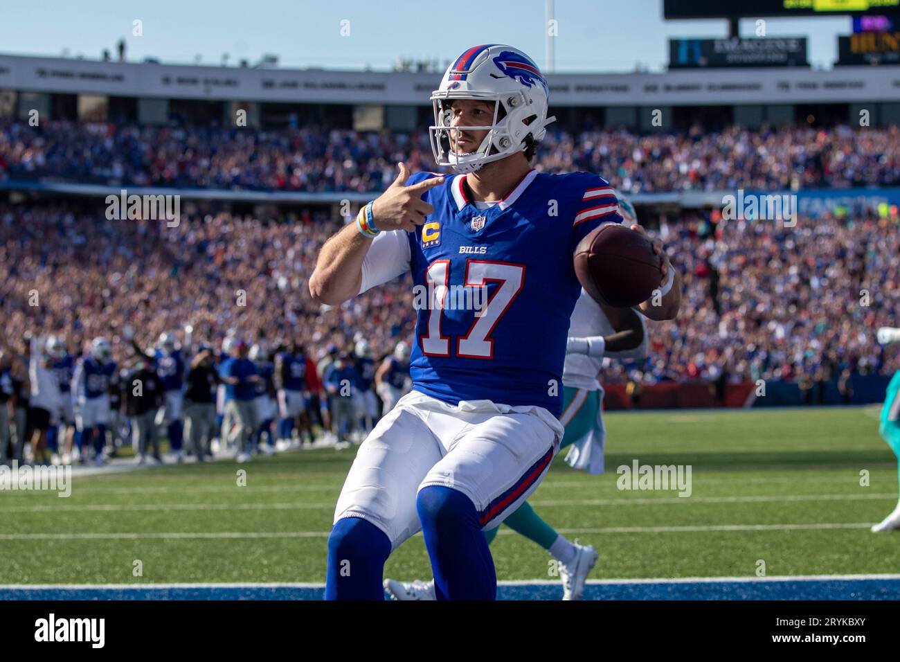 Buffalo Bills quarterback Josh Allen (17) celebrates after rushing for ...