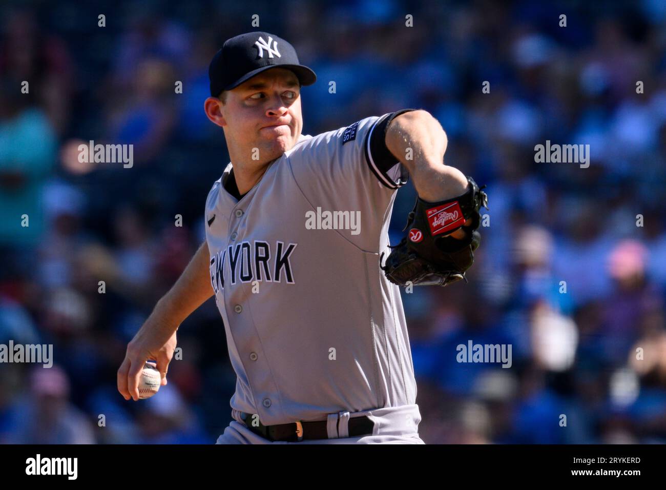 New York Yankees starting pitcher Michael King throws to a Kansas City ...