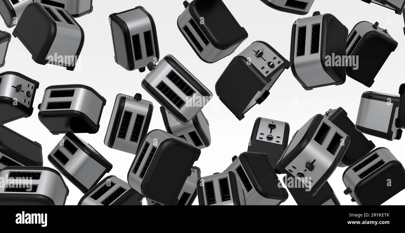 Many of flying stainless steel toaster for making toast bread on a ...