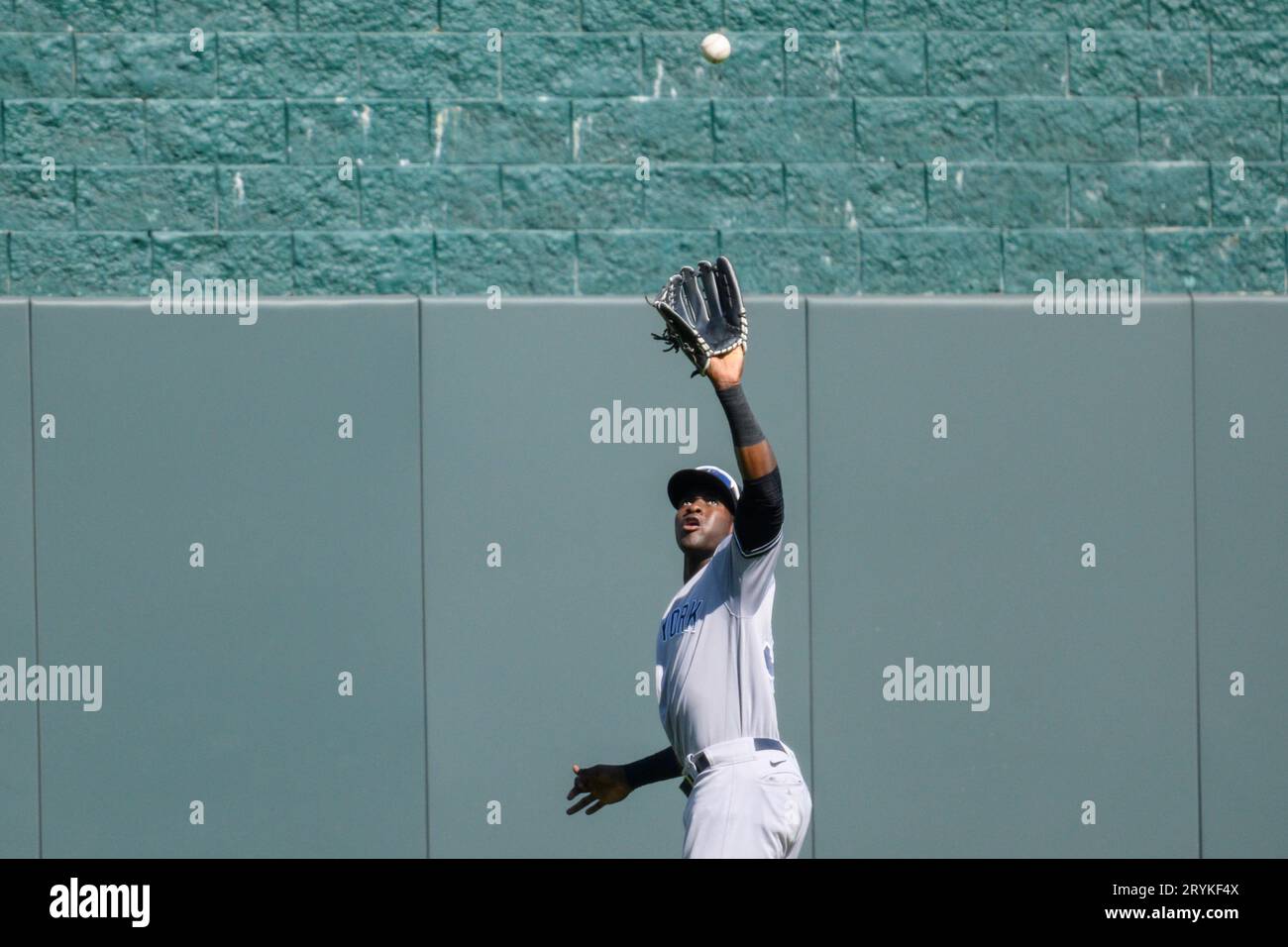 New York Yankees center fielder Estevan Florial catches a fly ball off ...