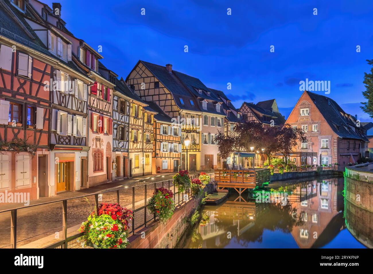 Colmar France, Colorful Half Timber House night city skyline Stock ...