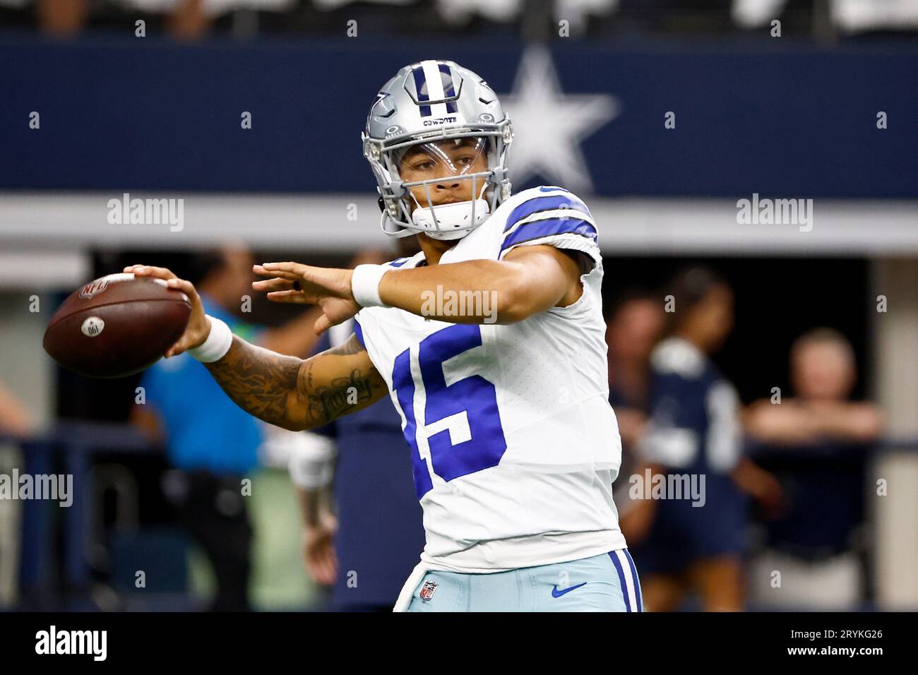 Dallas Cowboys quarterback Trey Lance warms up before an NFL football ...