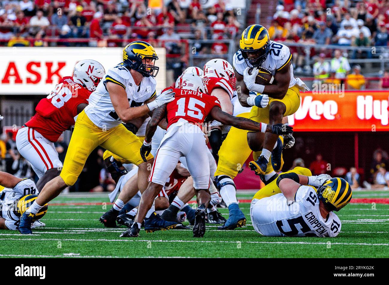 Lincoln, NE. U.S. 30th Sep, 2023. Michigan Wolverines running back Kalel Mullings #20 jumps over ...