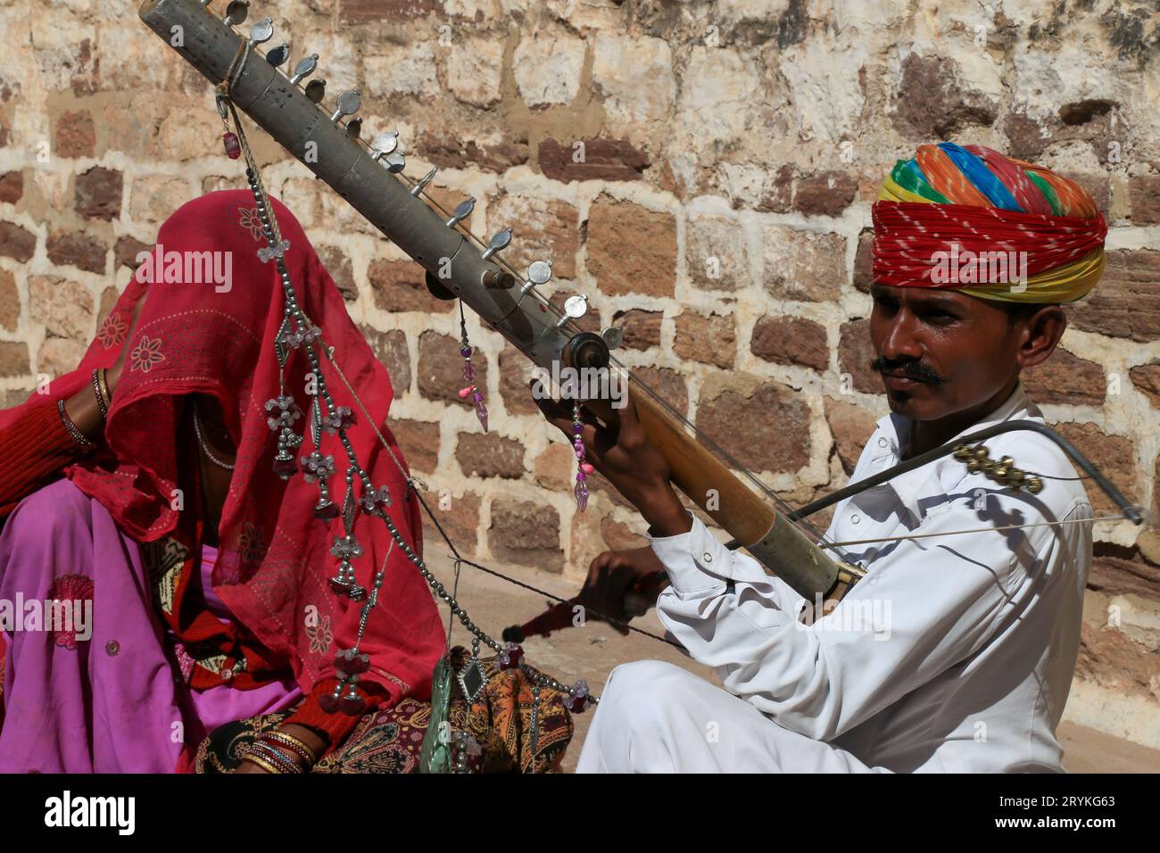 Musician playing Ravanahatha stringed instrument Jodhpur Rajasthan ...