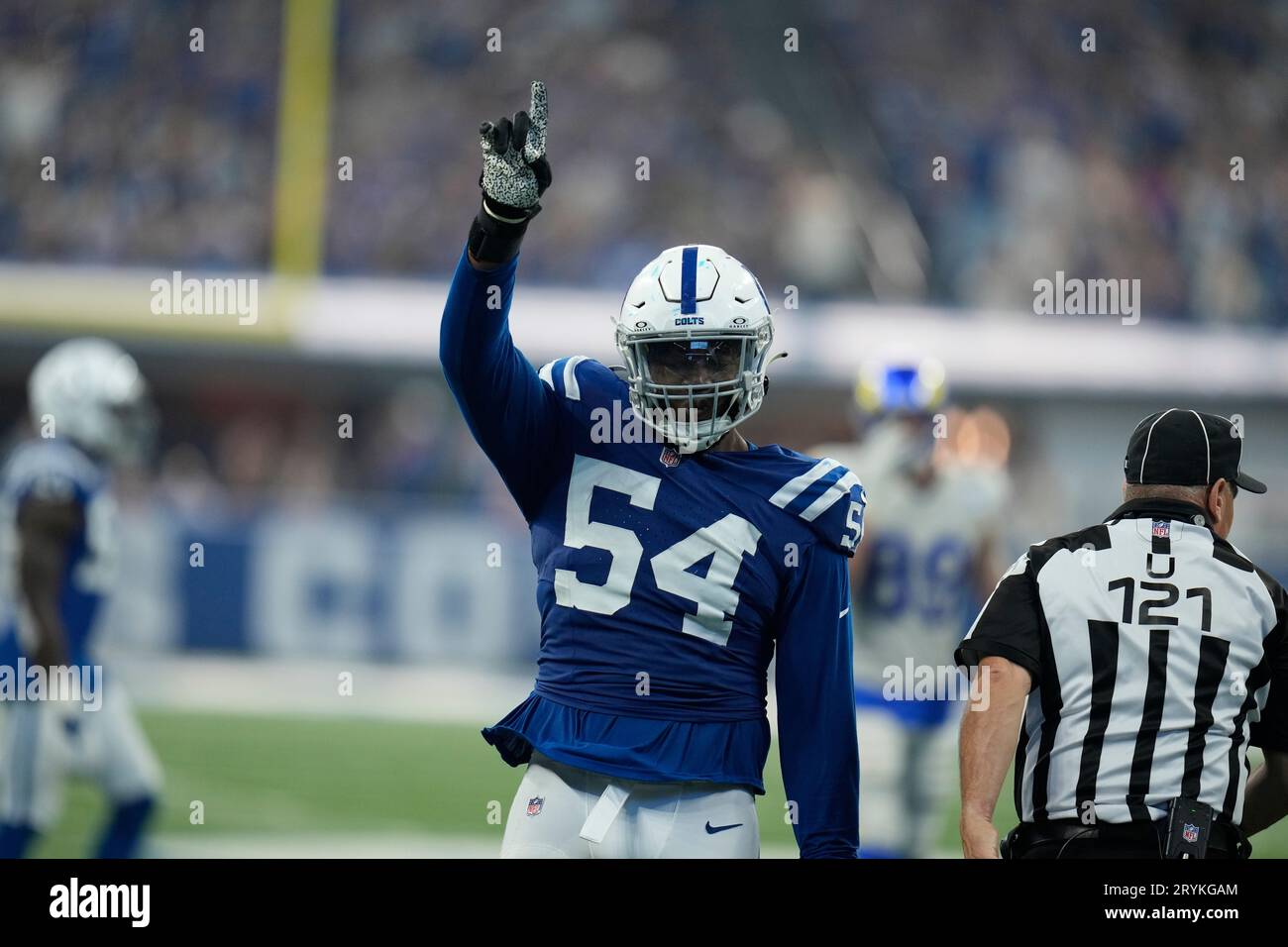 Indianapolis Colts defensive end Dayo Odeyingbo reacts after a play ...