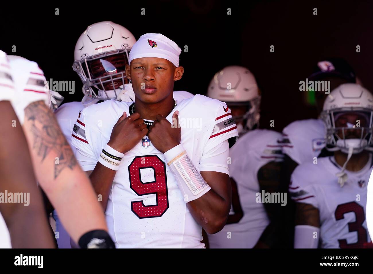 Arizona Cardinals quarterback Joshua Dobbs (9) waits in a tunnel before ...