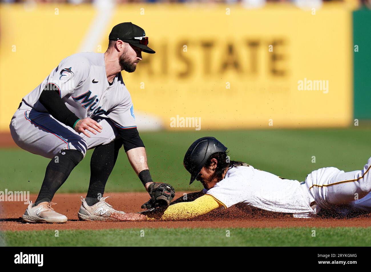 Miami Marlins third baseman Jon Berti tags out Pittsburgh Pirates' Ji ...