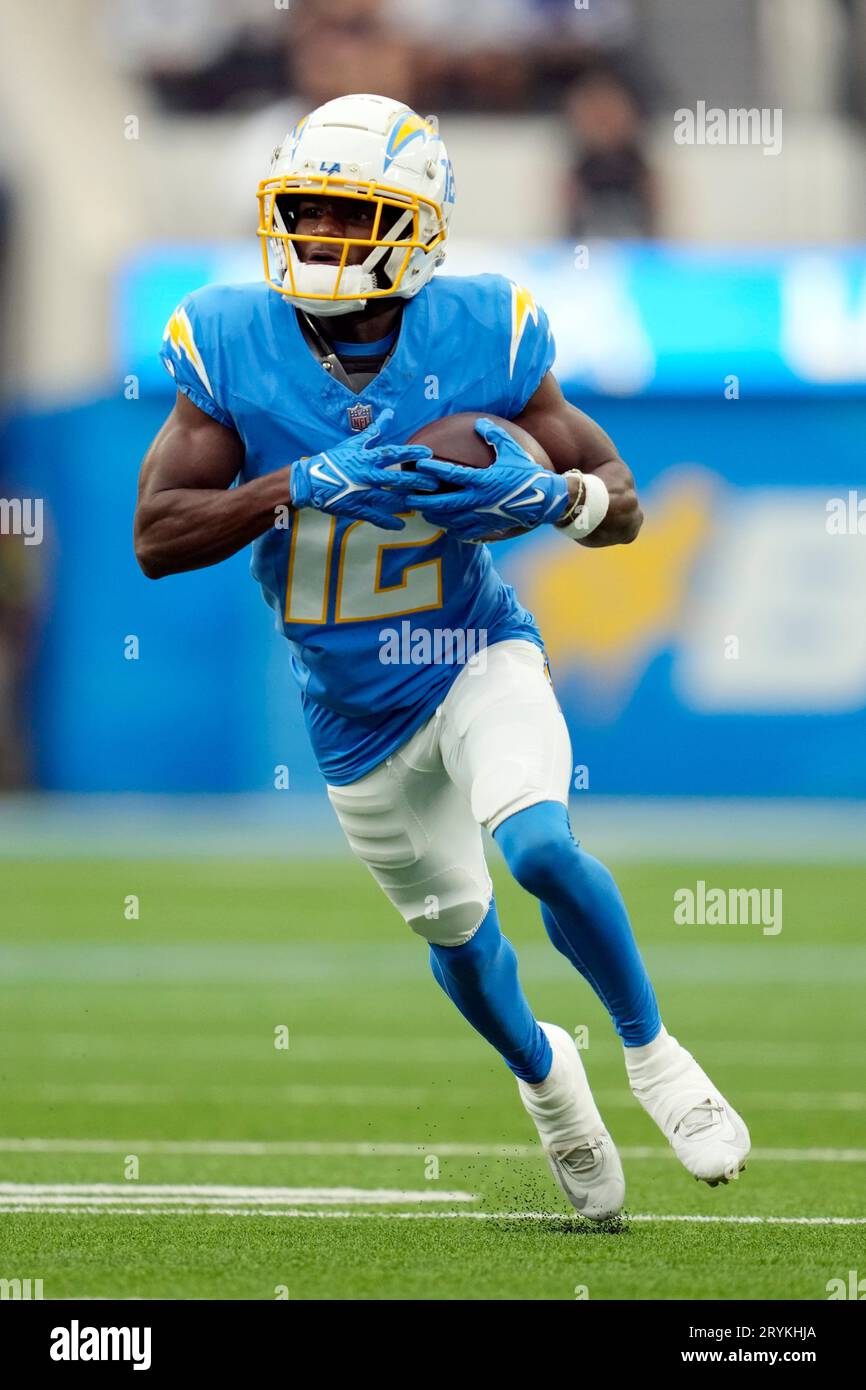 Los Angeles Chargers wide receiver Derius Davis (12) runs against the ...