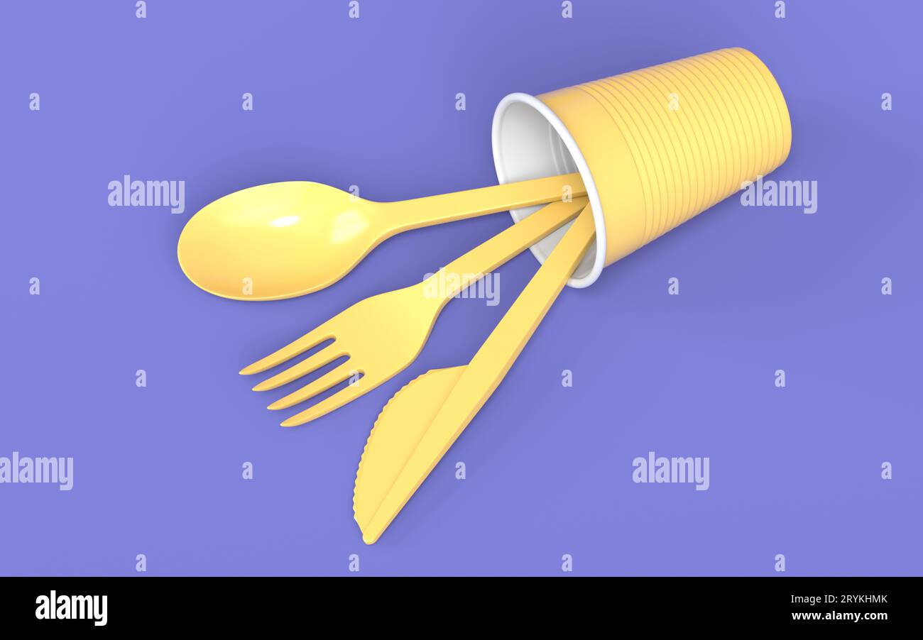 Set of disposable utensils like folk, spoon, knife and cup on ...