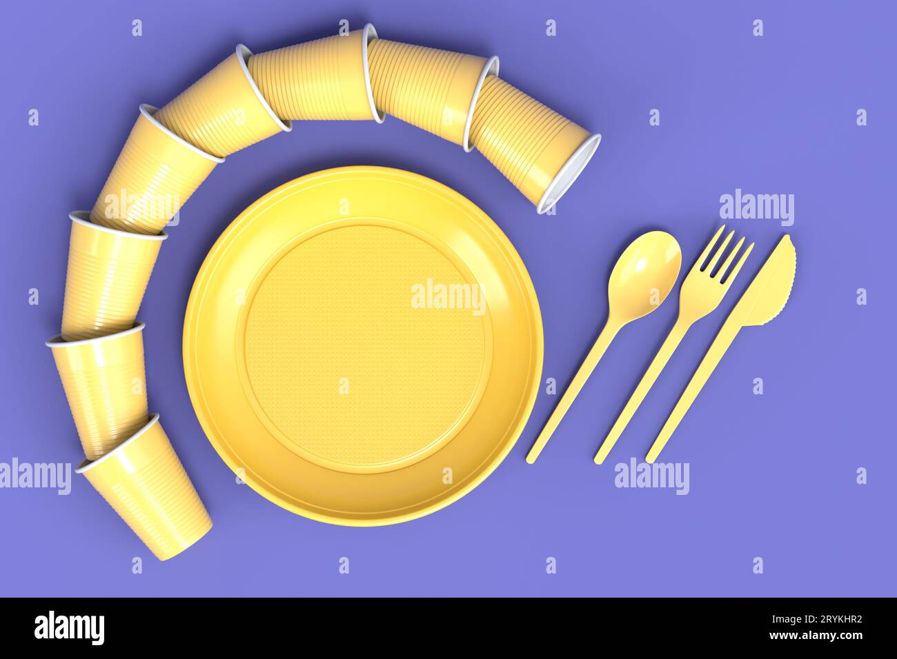 Set of disposable utensils like plate, folk, spoon, knife and cup on ...