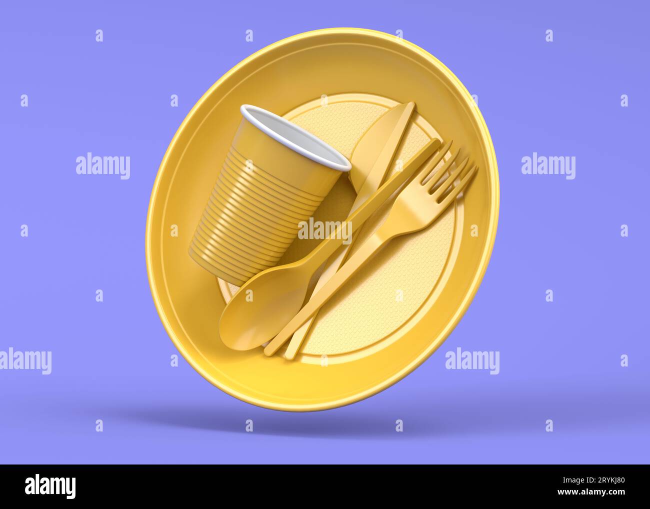 Set of disposable utensils like plate, folk, spoon,knife and cup on ...