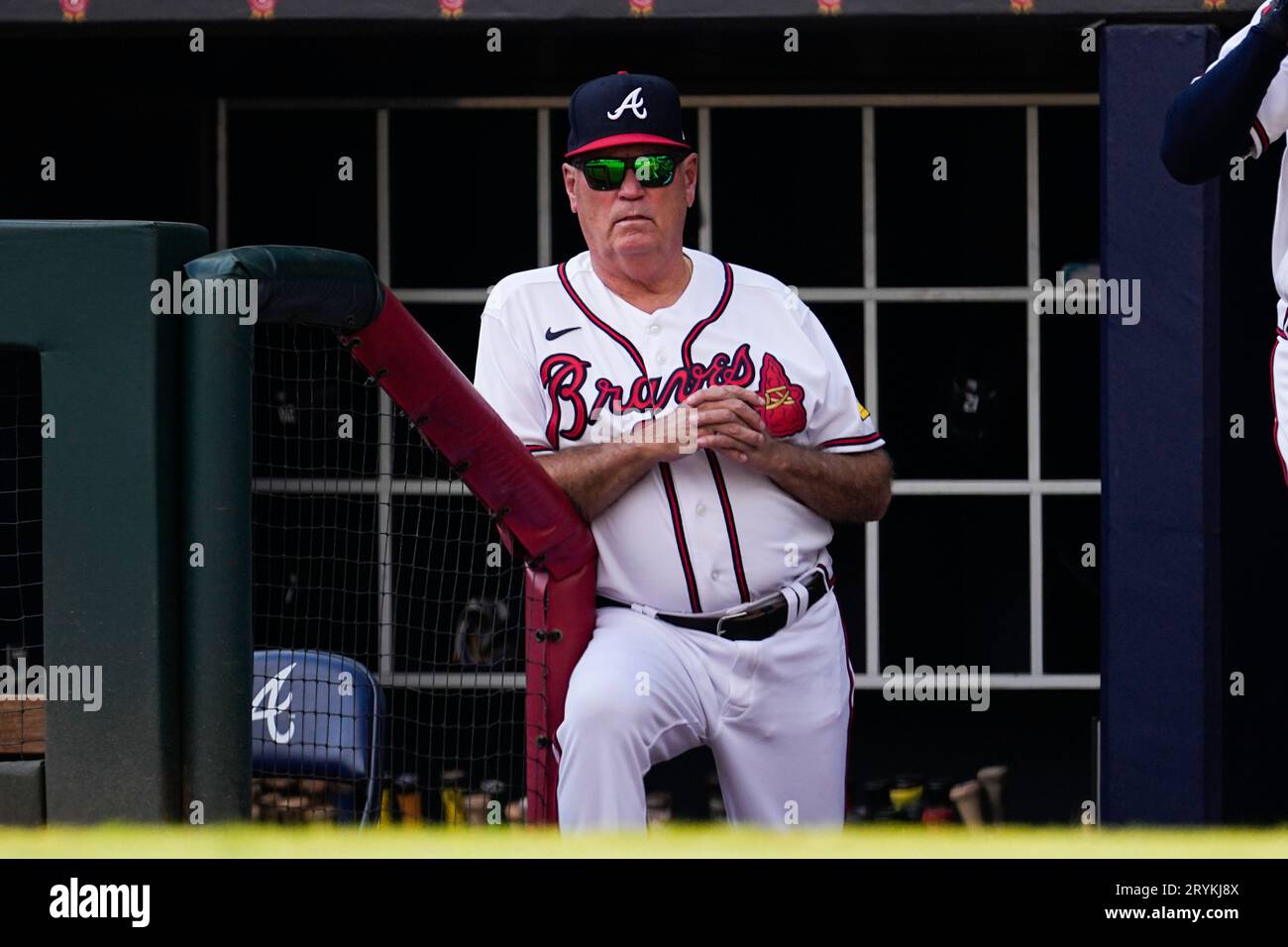 Atlanta Braves manager Brian Snitker watches from the ddugout during a ...