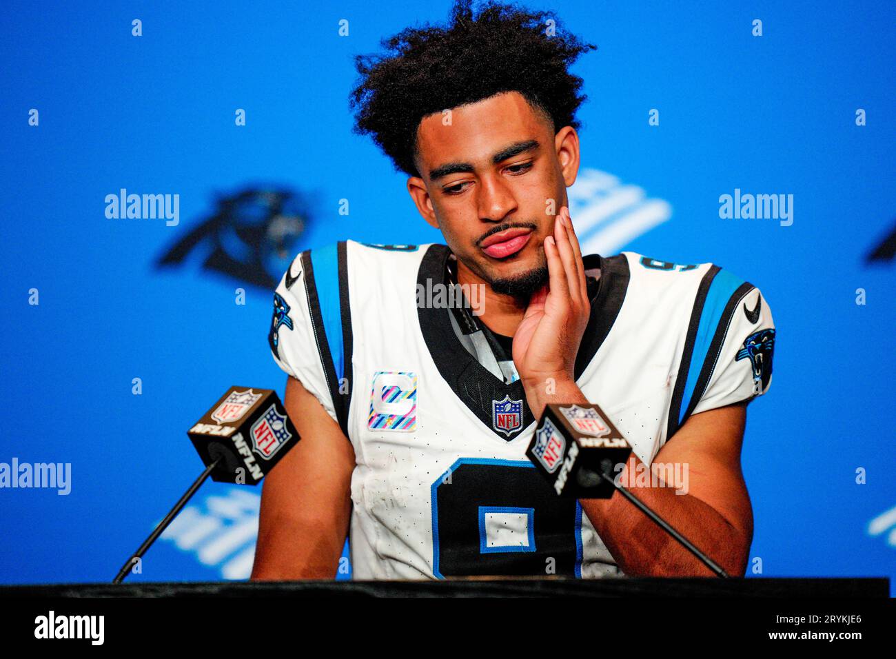Carolina Panthers quarterback Bryce Young speaks during a news ...