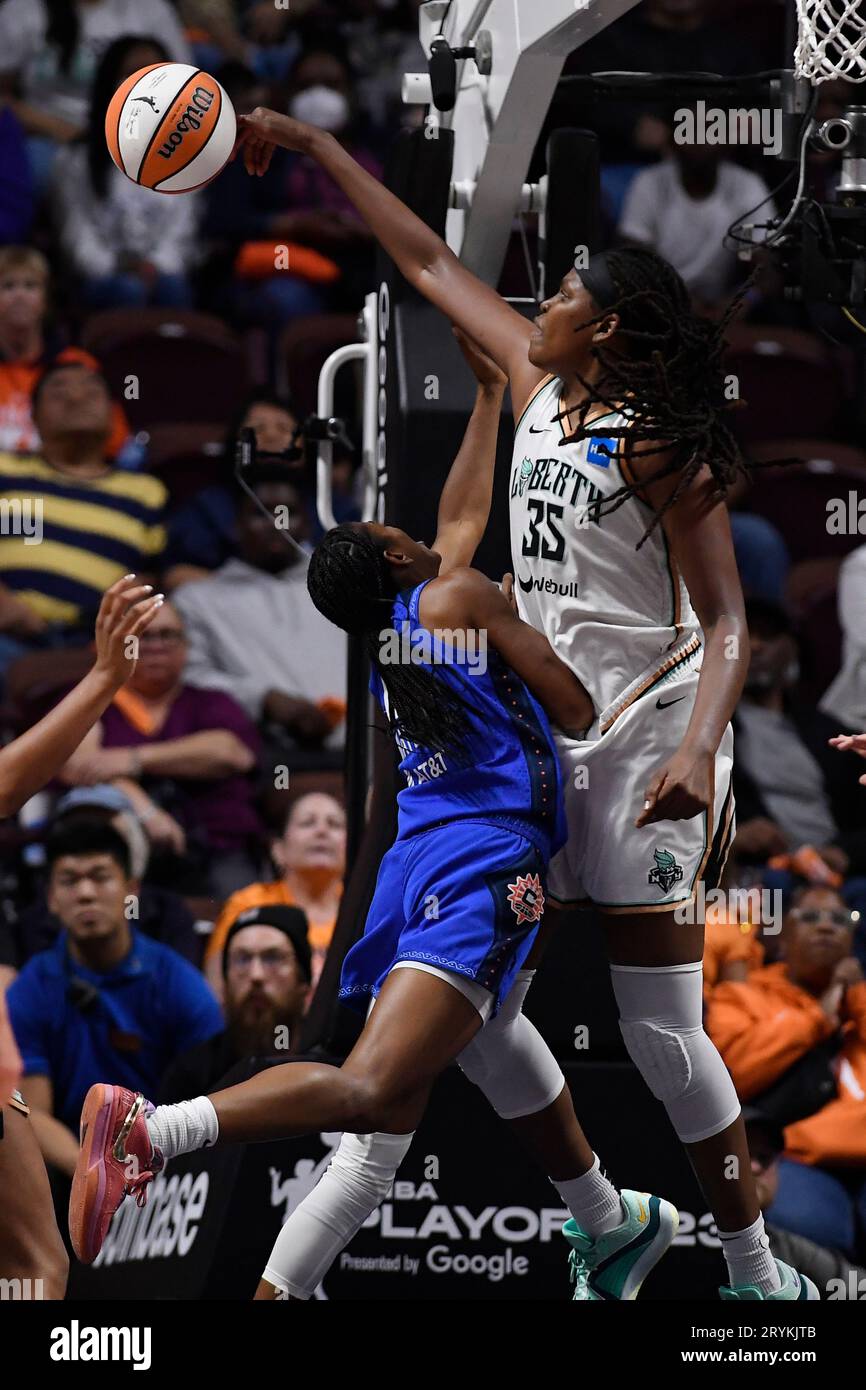 New York Liberty forward Jonquel Jones blocks a shot by Connecticut Sun ...