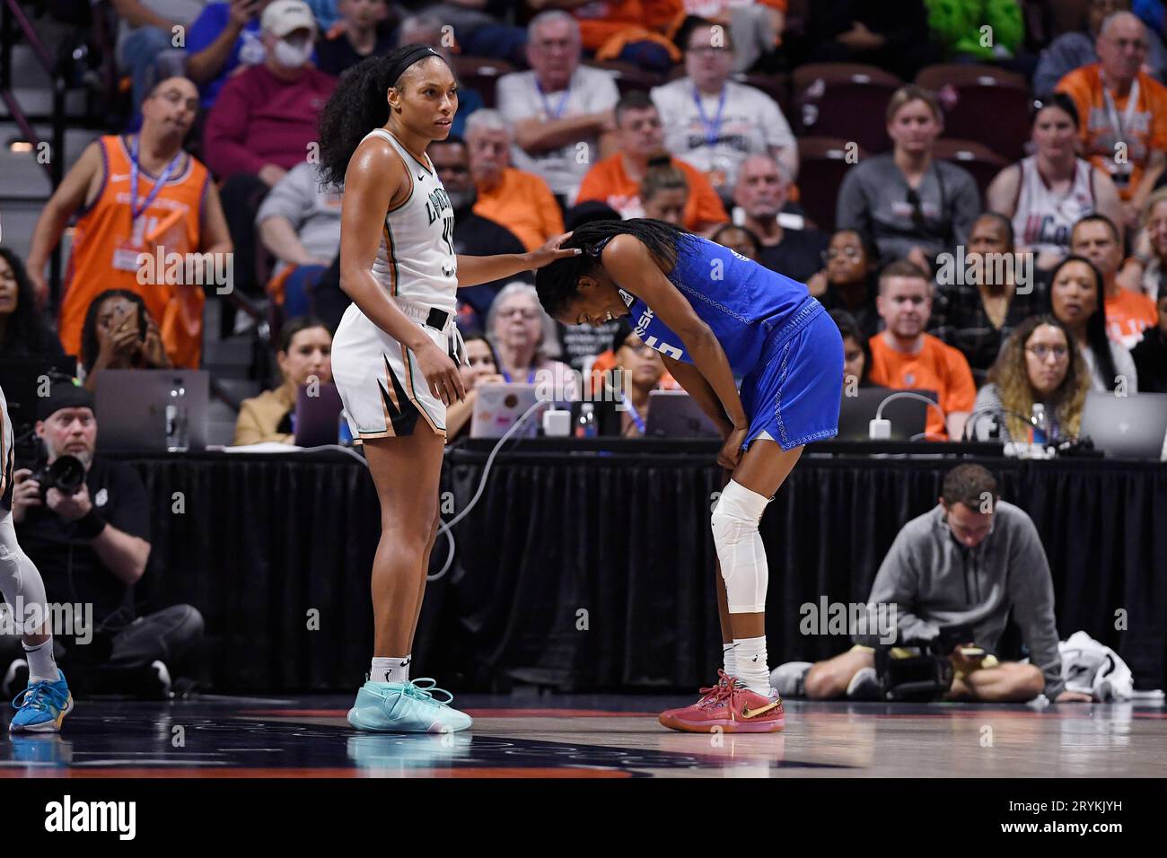New York Liberty forward Betnijah Laney puts her hand on the head of ...