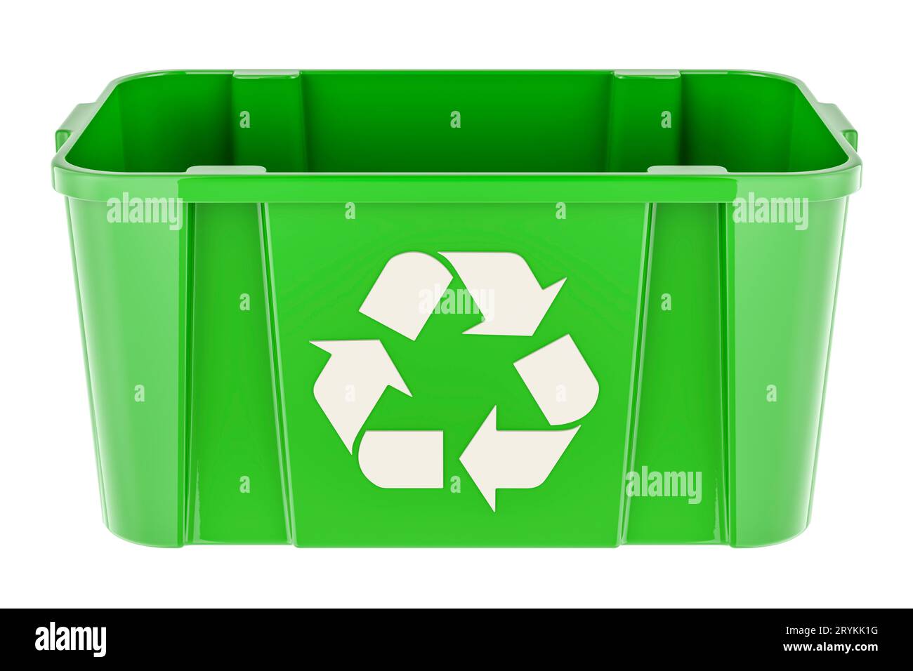 Green recycling bin, front view. 3D rendering isolated on white ...