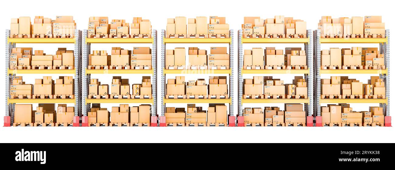 Pallet racks full of cardboard boxes and parcels, 3D rendering isolated on white background ...