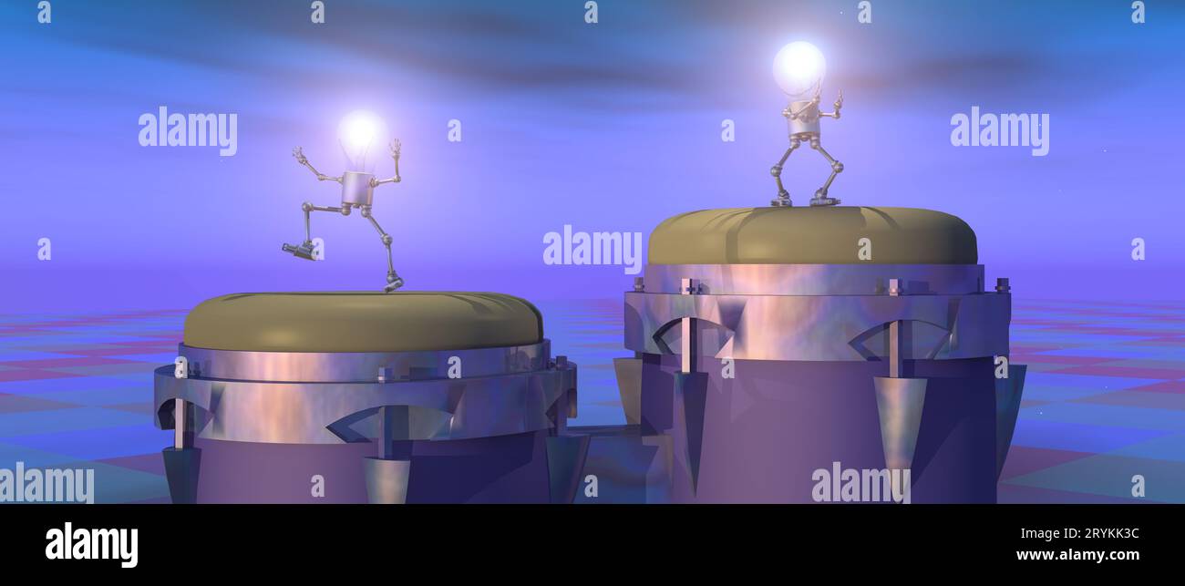 Light bulb figures dancing on a bongo drum at night Stock Photo - Alamy