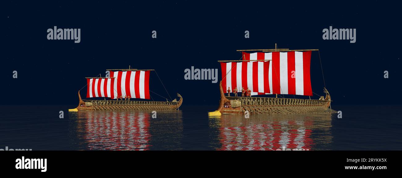 Warships of ancient Greece in the open sea at night Stock Photo - Alamy