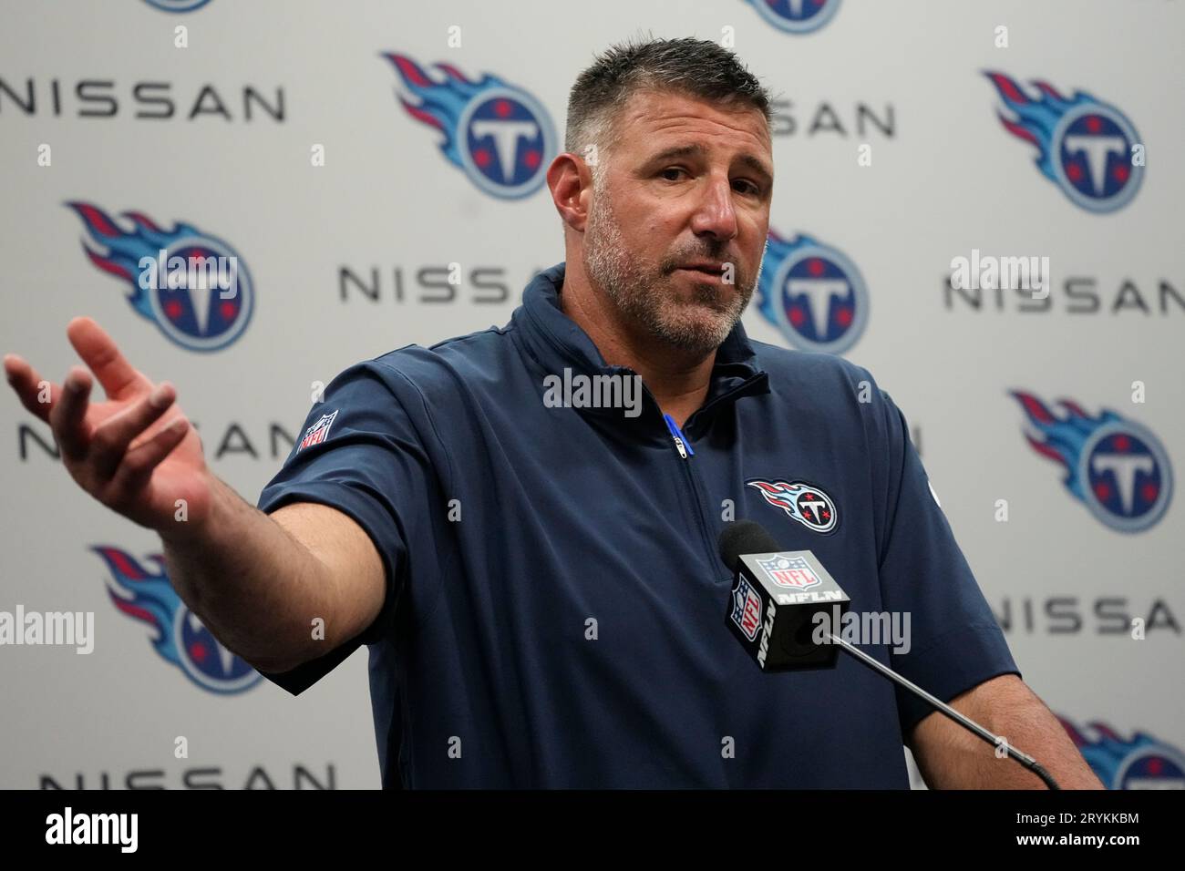 Tennessee Titans head coach Mike Vrabel responds to questions during a ...