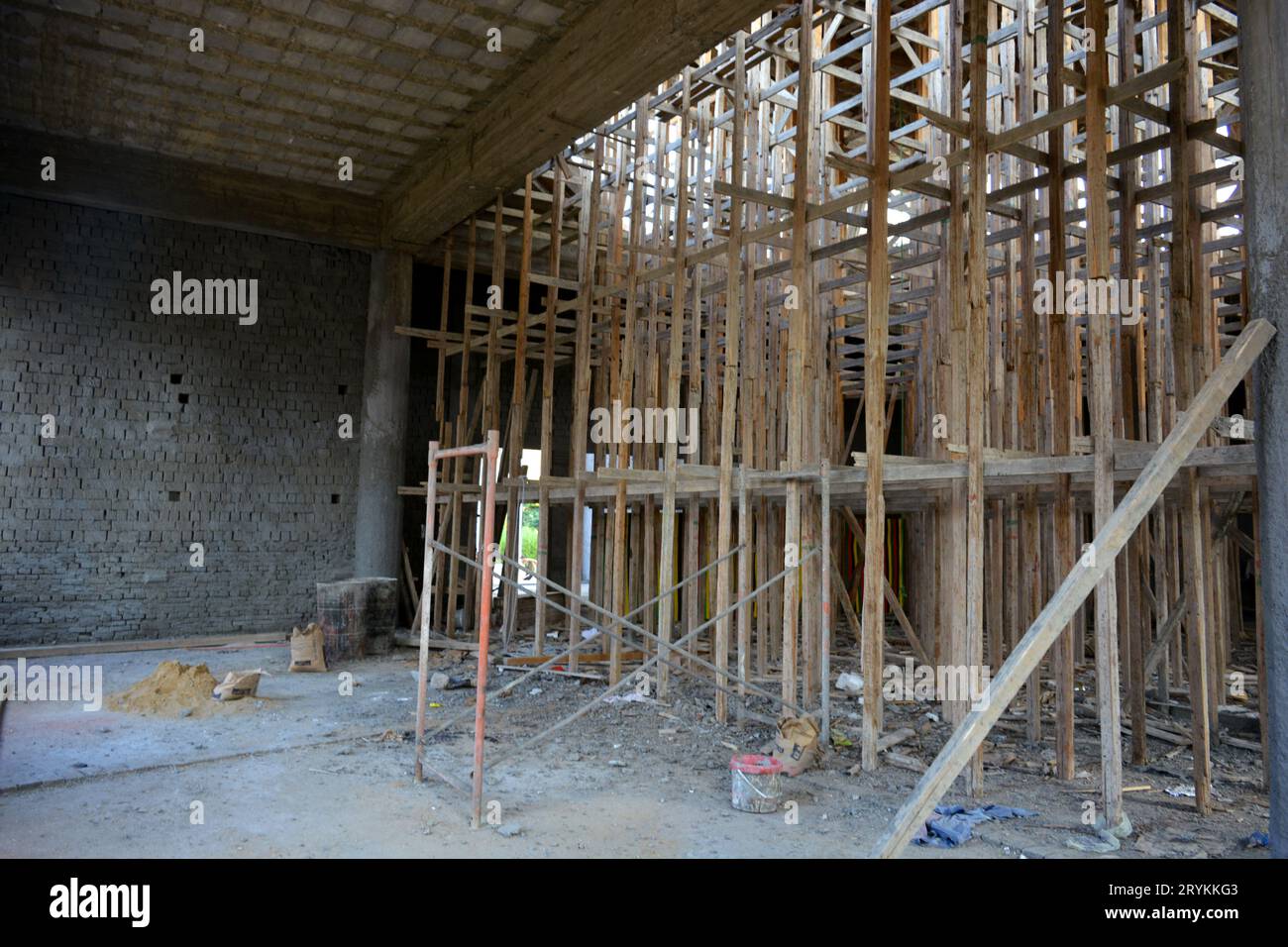 Wood formwork and scaffolding for pouring concrete and support a newly ...