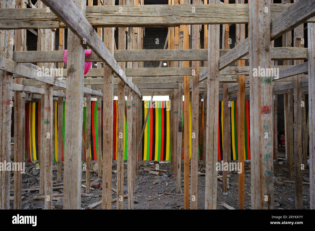 Wood formwork and scaffolding for pouring concrete and support a newly ...