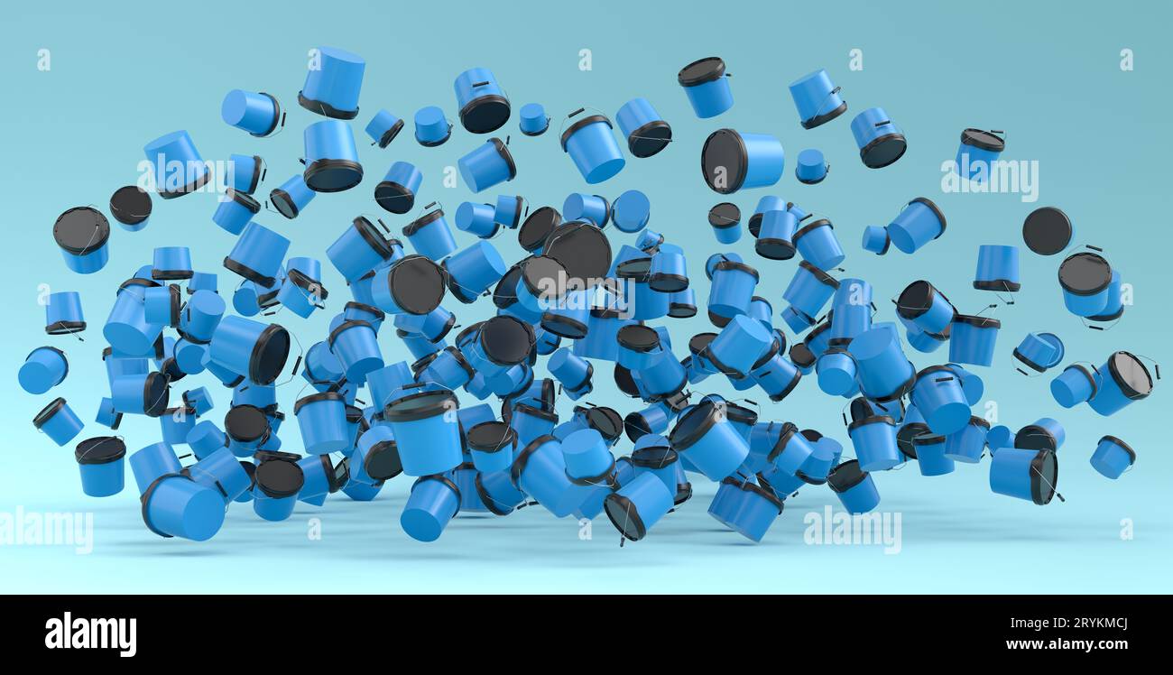 Many of flying plastic cans or buckets on blue background. 3d render of ...