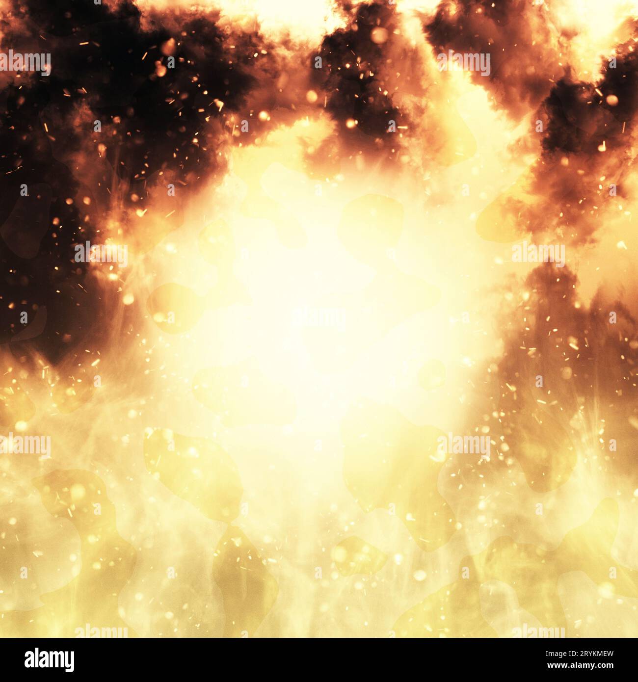 Huge, extremely hot explosion with sparks and hot smoke, against black ...