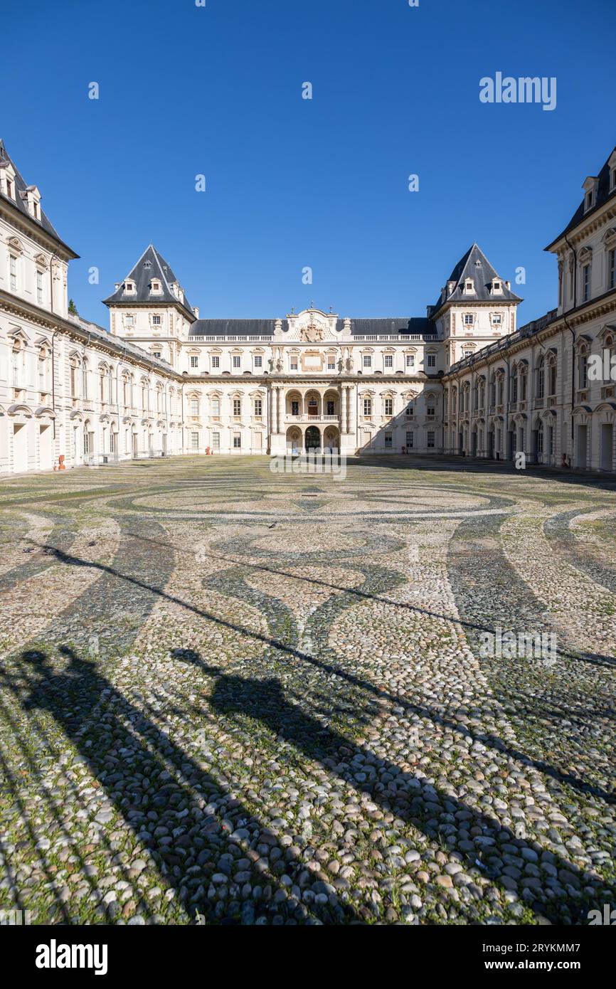 Turin, Italy - castle exterior. Historical landmark with blue sky and ...