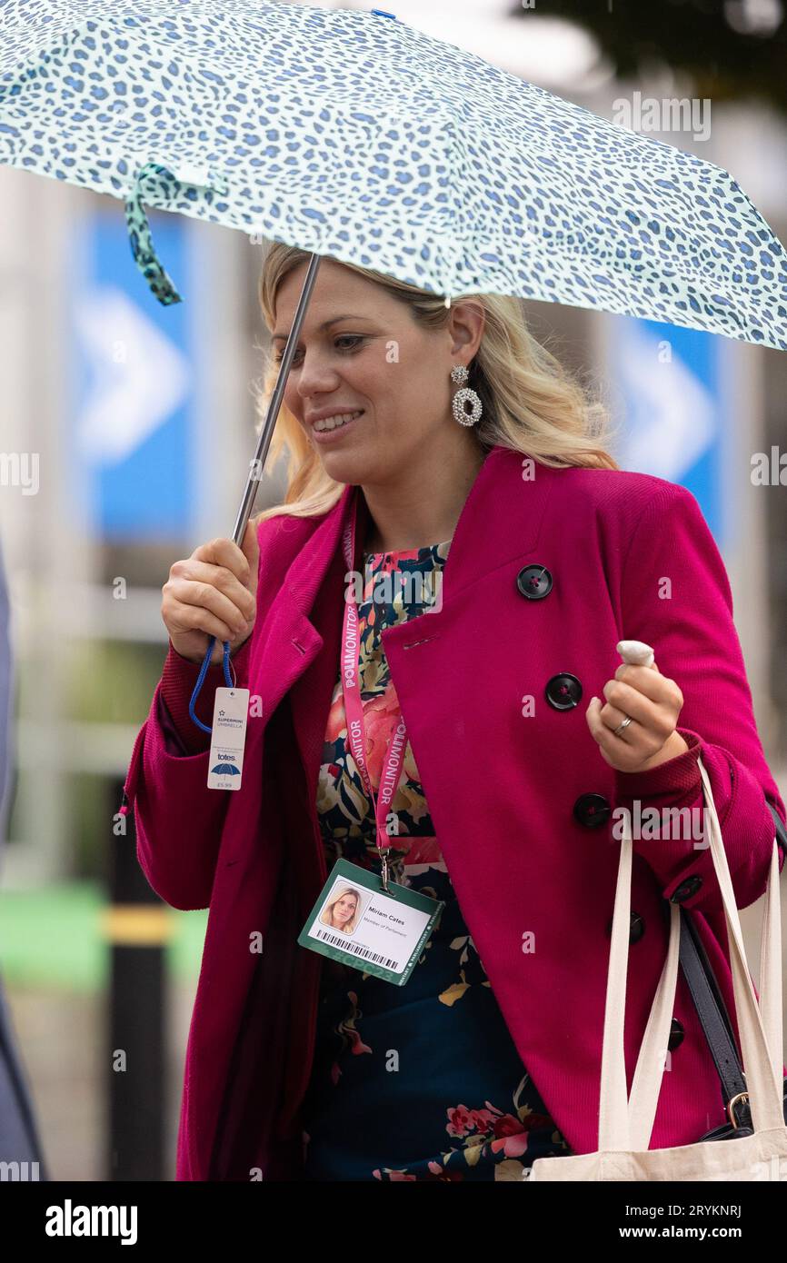 Manchester on Sunday 1st October 2023. Miriam Cates MP shelters from ...