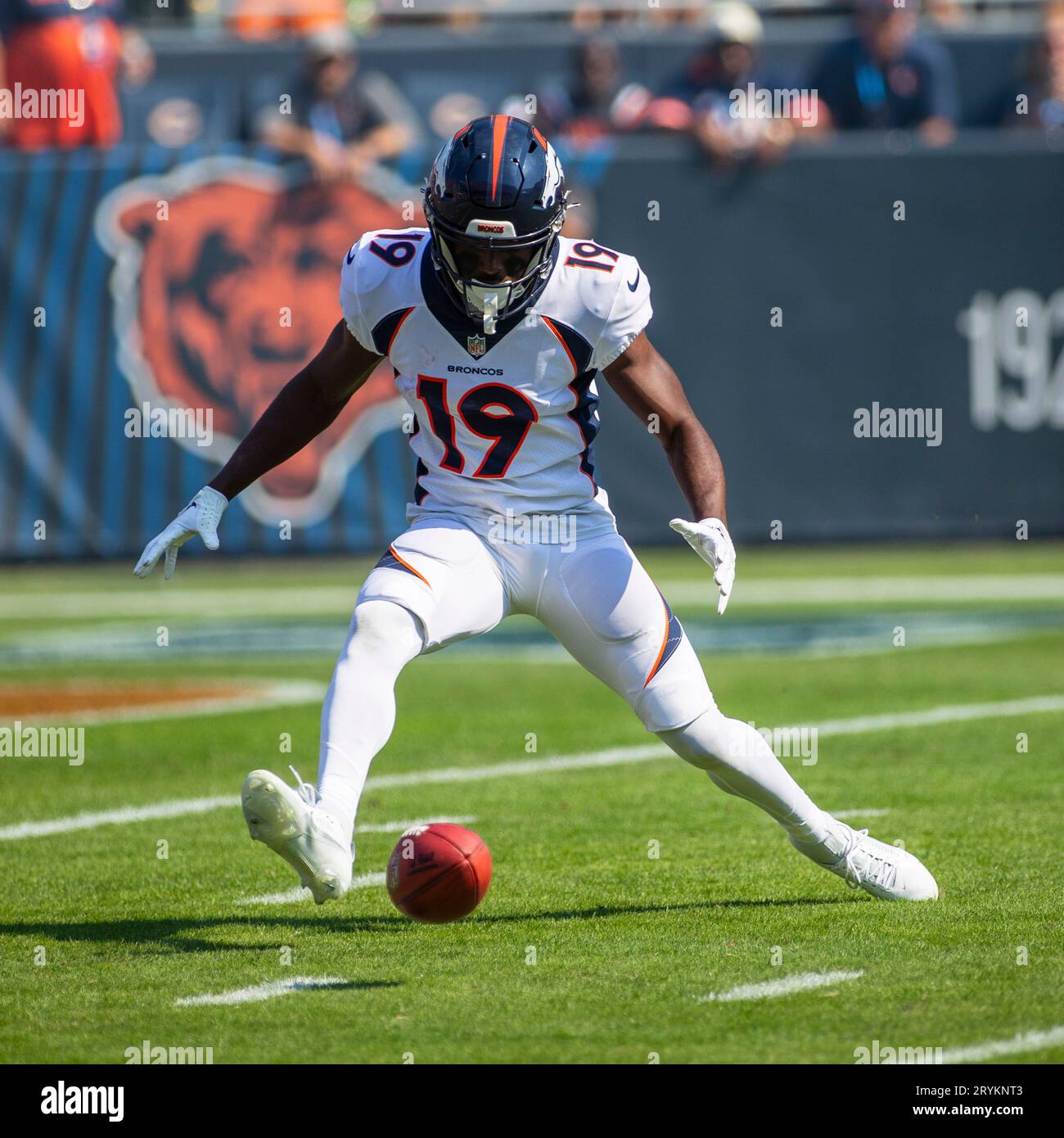 October 1, 2023: Broncos #19 Marvin Mims Jr. tries to gather the loose ...