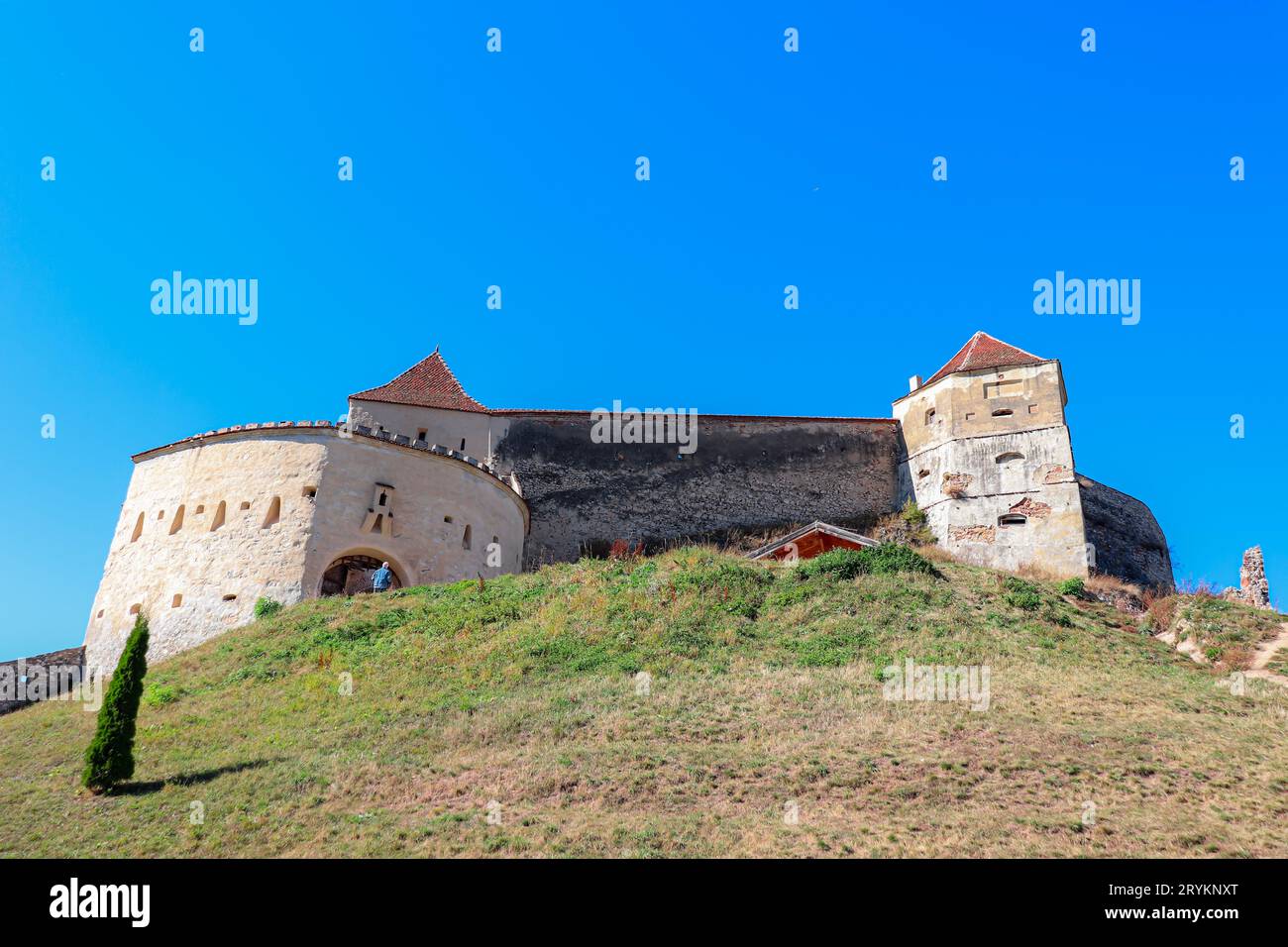 Exterior view of Râșnov Fortress, a medieval refuge fort used by ...