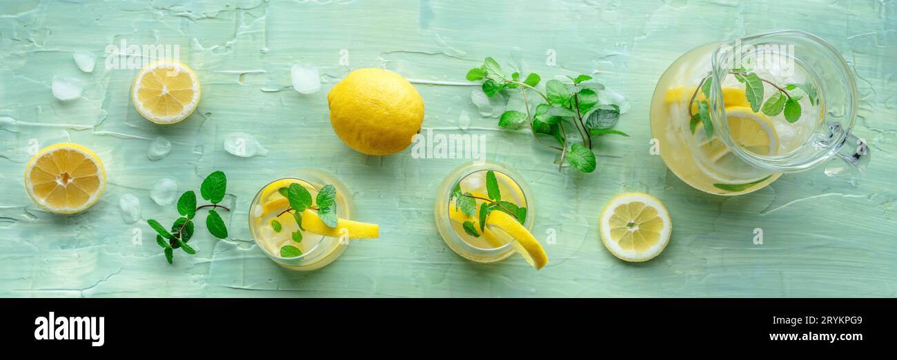 Lemonade with mint panorama. Lemon water drink with ice. Glasses and ...