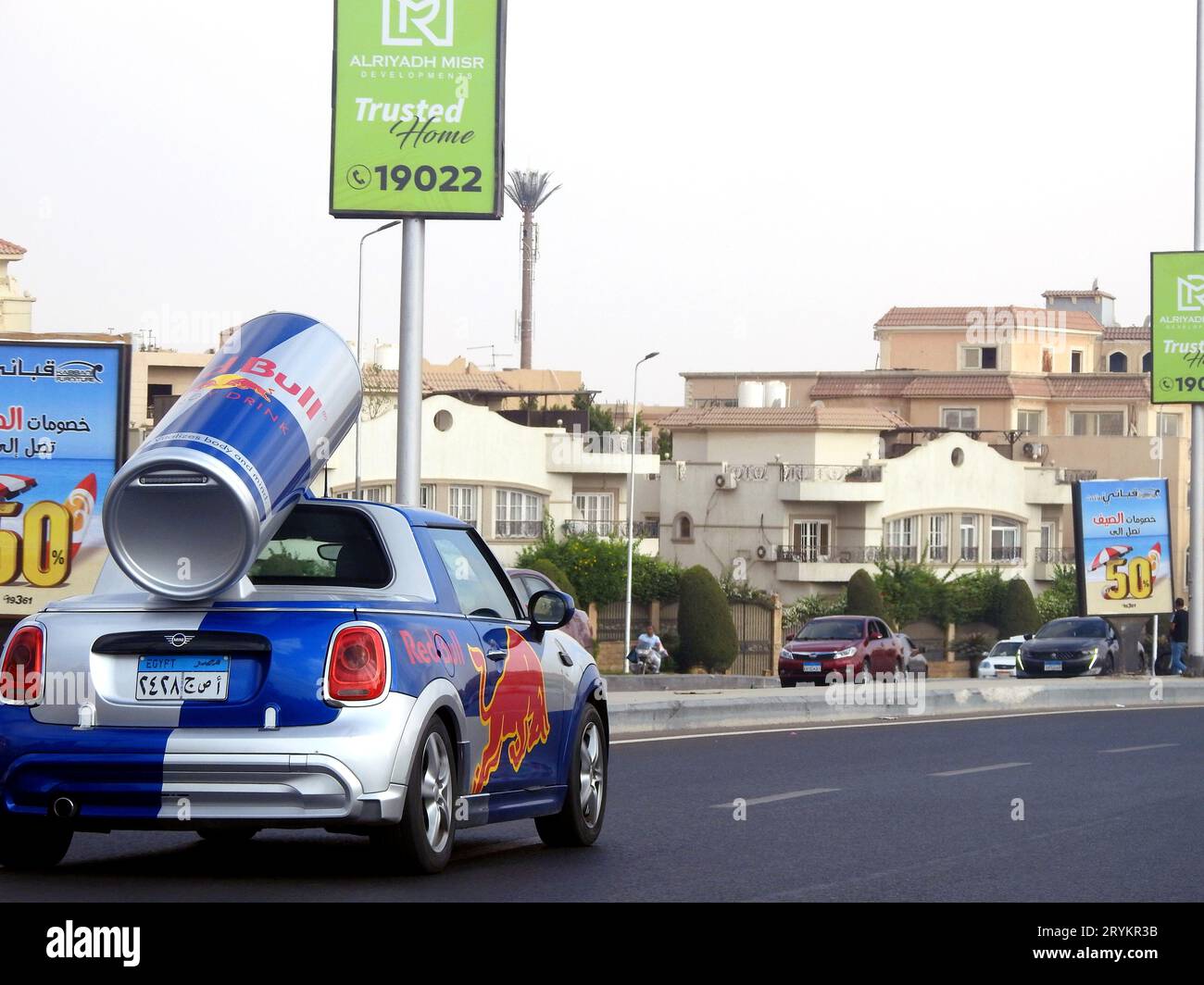 Cairo, Egypt, September 20 2023: a small MINI Cooper with a big Red ...