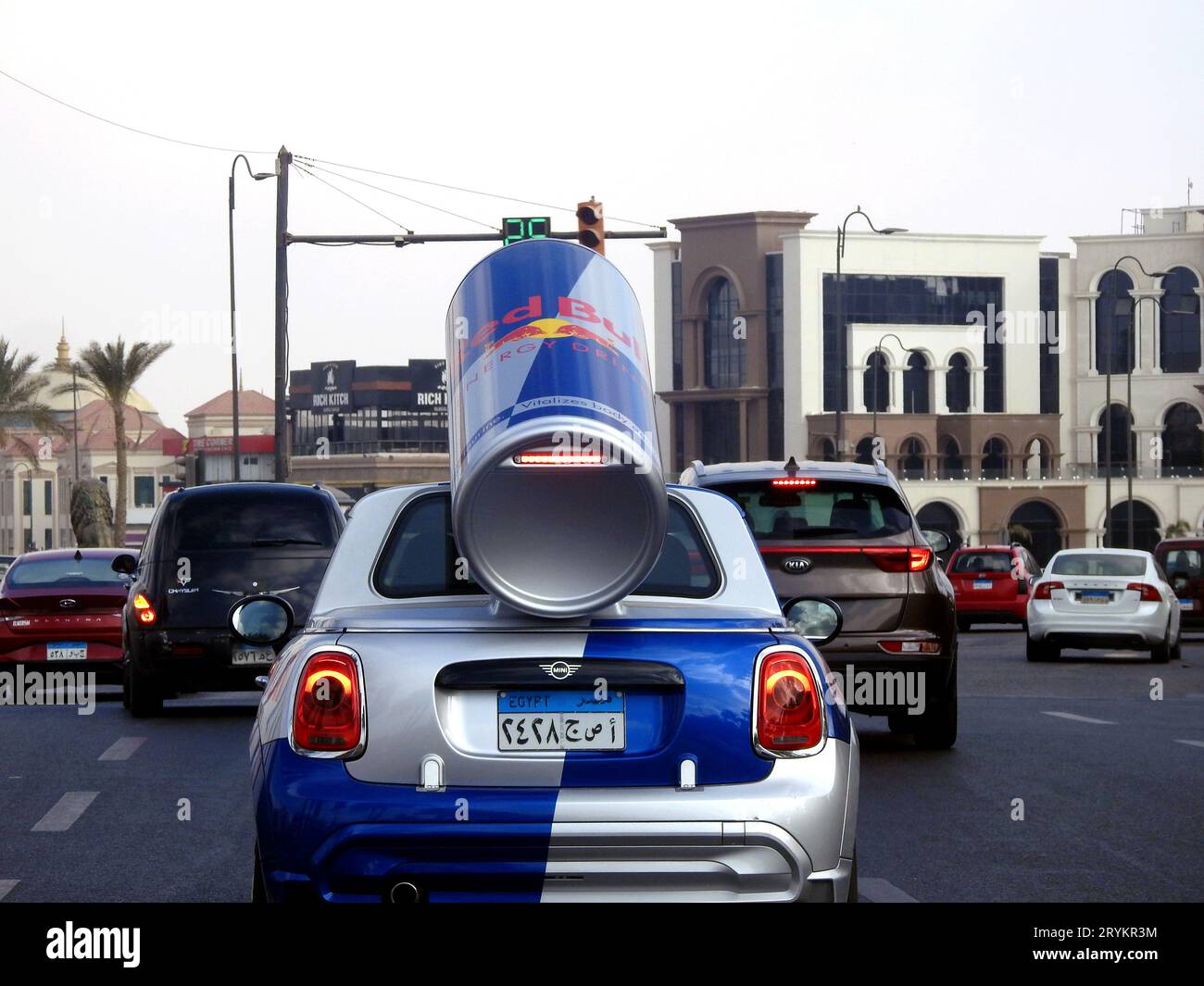 Cairo, Egypt, September 20 2023: a small MINI Cooper with a big Red ...